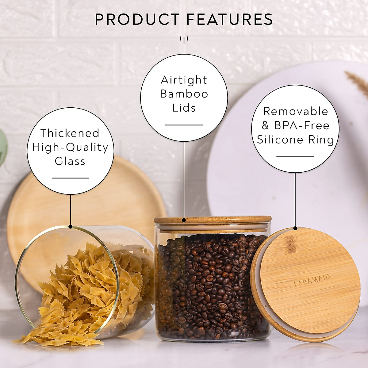 Laramaid 73oz 2Pack Glass Jar Canisters with Minimalist Labels, Round Pantry Jars with Bamboo Lids, Vinyl Customized Labels and White Pen, Food Storage Containers for Home, Kitchen and Pantry