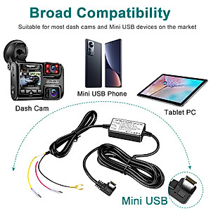 Range Tour Dash Cam Hardwire Kit Mini USB,12V-24V to 5V 2.5A Car Dash Camera Charger Power Cord, 3 cores, 4 Types / 8 adapters and 6 fuses, Hard Wire Kit Fuse for Dash Cam