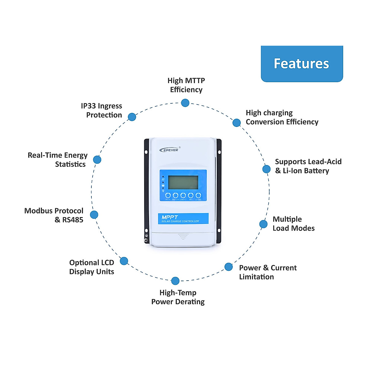 EPEVER XTRA2210N Series MPPT Solar Charge Controller, 20A Max Charge/Discharge, High-Efficiency Energy Conversion, Ideal for Off-Grid PV Systems