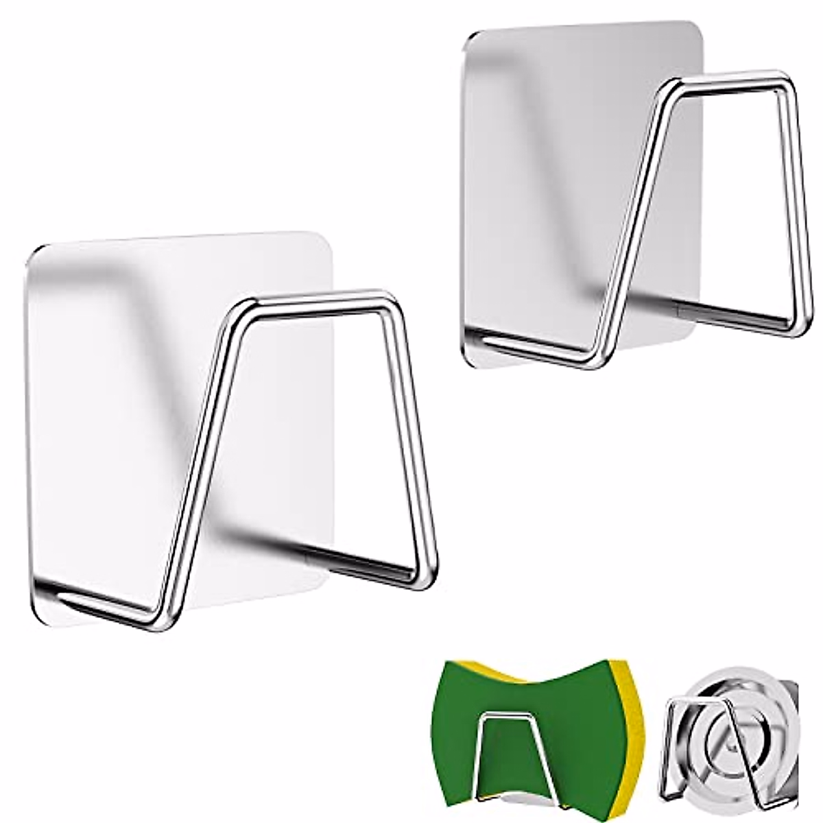 Sunmeyke Waterproof Adhesive Sponge Holder for Kitchen Sink, Never Rust Stainless Steel Silvery(2 Packs), Minimal Size Save Sink Space