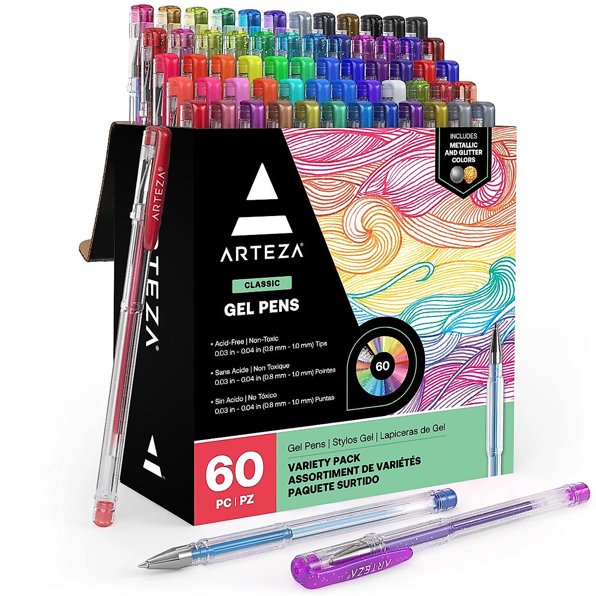 ARTEZA Gel Pens, Set of 60-Individual-Colors, 0.8-1.0 mm Tips, Acid-Free & Non-Toxic, Art Supplies for Journaling, Doodling, Drawing
