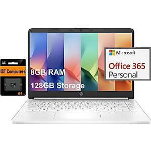 HP 14" Ultra Light Laptop for Student & Home (Intel Quad-Core N4120, 8GB RAM, 128GB(64GB + 64GB SD), 1-Year Office 365) 11-Hrs Long Battery Life, Webcam, WiFi, Win 11 Home in S Mode - Snow White