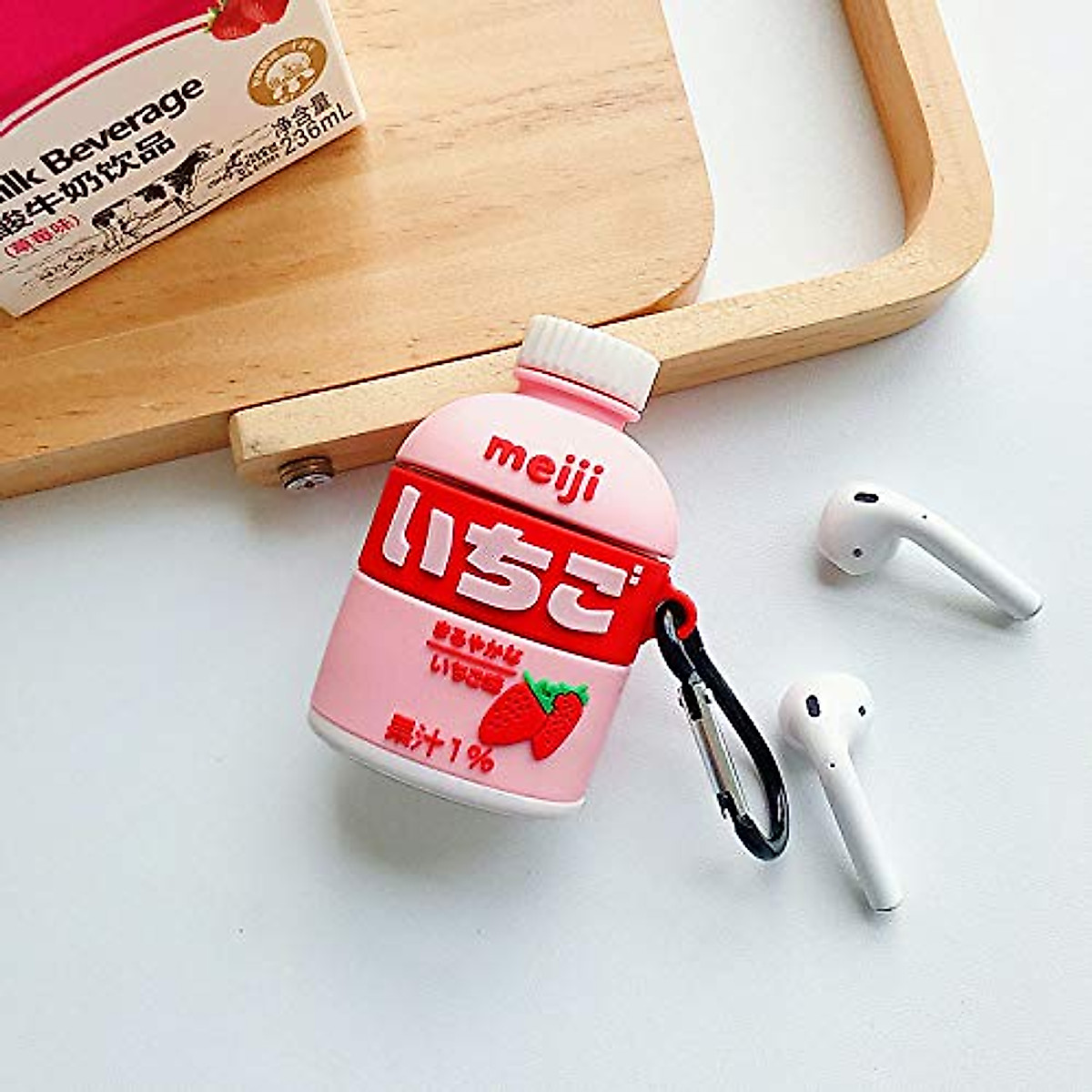 Cute AirPod Case Cover for Apple AirPods 1 2 AirPods1 AirPods with Clip Hook Keychain Pink Strawberry Flavor Juice Milk Drink Bottle 3D Cartoon Meiji Kawaii Lovely Fun Fresh Girls Kids Teens Daughter
