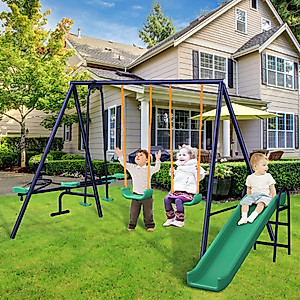 Dithoko 4 in 1 Multifunction Kids Swing Set, Metal for Backyard, Outdoor Heavy Duty Extra Large Frame with 2 Adjustable Swing, 1 Glider, 1 Slide and 1 Teeter-Totter