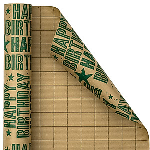 RUSPEPA Kraft Wrapping Paper Roll - Mini Roll - Green Happy Birthday Pattern Great for Birthday, Party, Baby Shower - 17.5 Inches X 32.8 Feet