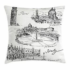 Ambesonne Sketchy Throw Pillow Cushion Cover, Travel The World Themed Historical Italian Landmarks Venice Rome Florence Pisa, Decorative Square Accent Pillow Case, 18" X 18", Black White