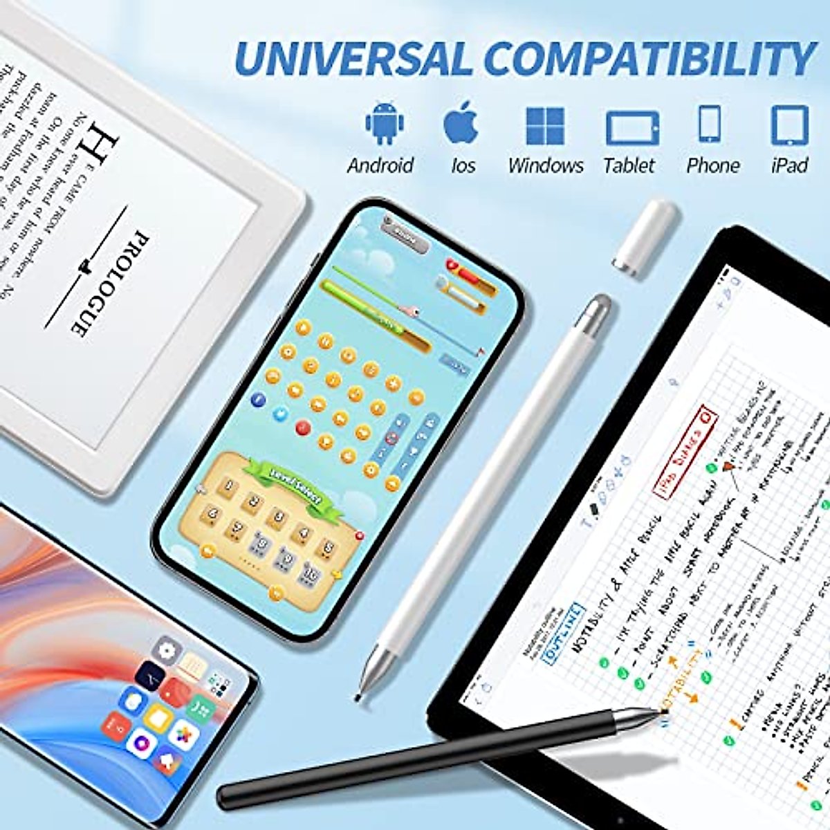 Stylus Pens for Touch Screens(2 Pcs), Capacitive 2 in 1 High Sensitivity & Precision Stylus Pen for iPad, Universal Tip Stylus Compatible with iPhone and All Touch Screens (Black/White)