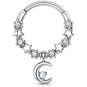 Melighting Septum Rings 16G Moon Septum Jewelry with Opal Clear CZ Surgical Steel 316L Star Helix Earring Dangle Daith Earrings Nose Rings Piercing for Women Men