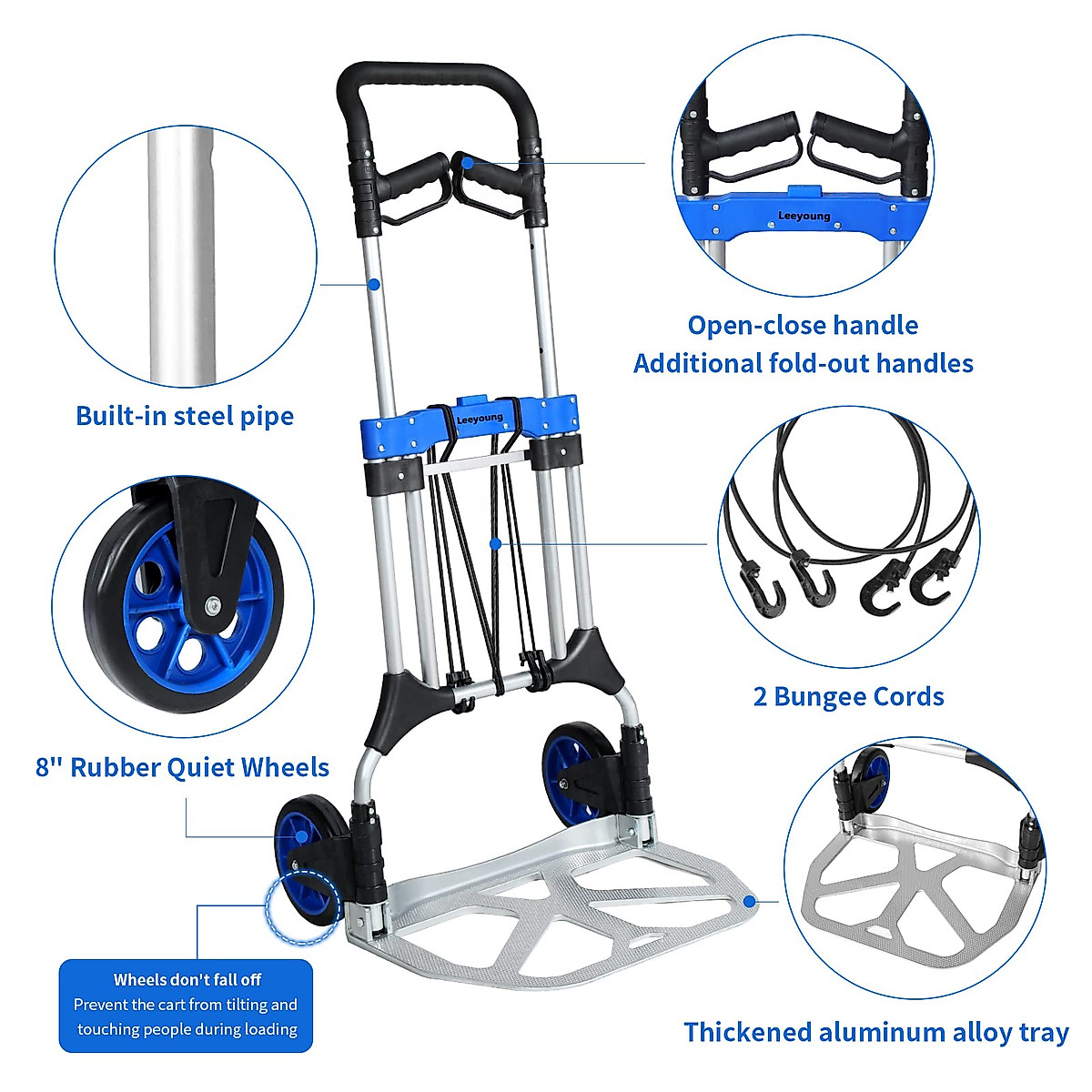 Folding Hand Trucks Heavy Duty by Leeyoung,500 lb Aluminium Folding Hand Cart Dolly with 8 inch Wheels (incl 2 Bungee Cords)