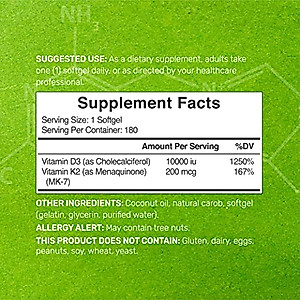 Vitamin D3 10,000 IU + K2 MK7 200 mcg, Infused with Virgin Coconut Oil, 180 Softgels, Double Strength Vitamin D & K, Promotes Heart, Bone & Teeth Health - Very Easy to Swallow