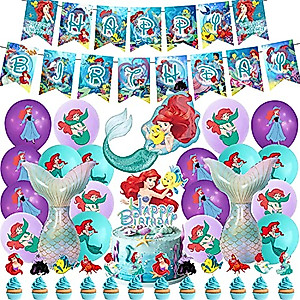 Little Mermaid Birthday Party Decorations for Girls Ariel Princess Birthday Party Supplies Includes Happy Birthday Banner,Latex Balloons, Shaped Foil Balloons, Cake Topper, Cupcake Toppers for Girls Little Mermaid Party Gift