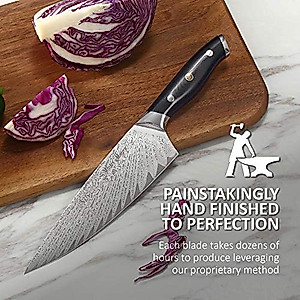 Master Maison 8" Damascus Steel Chef Knife: Full-Tang Black Handle with Japanese Mosaic Rivet, AUS-10 Ultra-Sharp Stainless Steel Japanese Chef Knife, Damascus Chef Knife, Wooden Storage Box & Extras