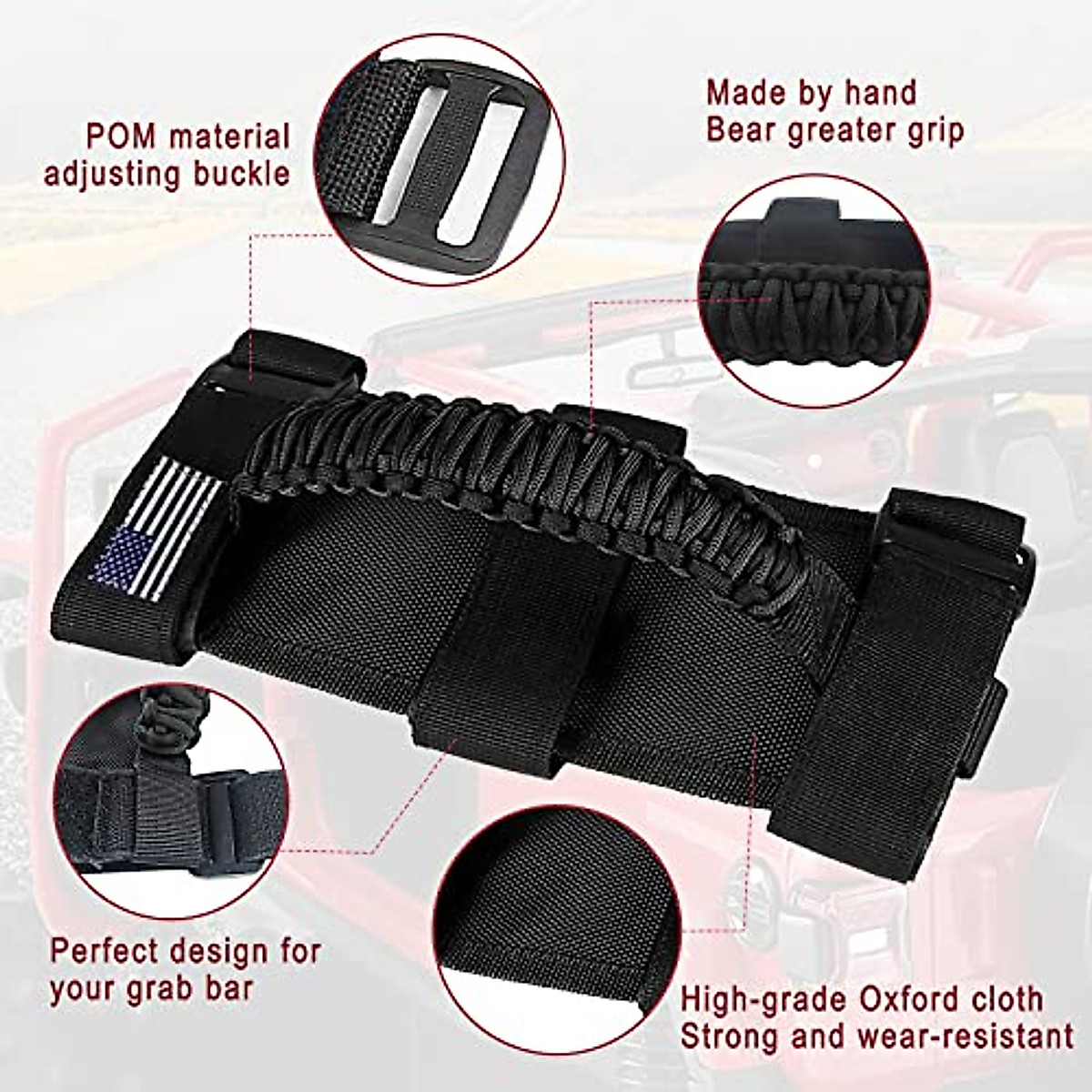 Miytsya 2 Pack Roll Bar Grab Handles Grip Handle, for Jeep Wrangler YJ TJ JK JL & Gladiator JT 1955-2022 UTV ATV, 10.2In x 5.1In 3 Straps Fixed American Flag Pattern Car Roof Handles Strap (Black)