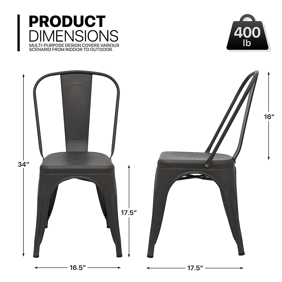 MoNiBloom Metal Dining Chair Set of 4 Stackable Indoor 17.5" Seat Height Bar Chairs with Back Outdoor Side Metal Kitchen Chairs for Bistro Cafe Side Restaurant Use, Gunmetal