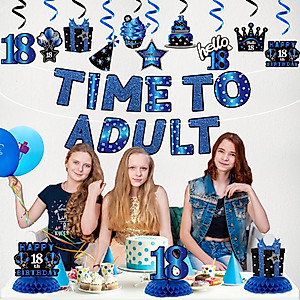 WATINC 26pcs 18th Blue Black Birthday Banner Party Decorations Set, Time To Adult 18 Birthday Decorations Hanging Swirls Banner Honeycomb Centerpieces for Boys Girls Happy 18 Bday
