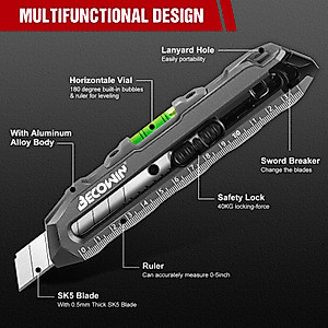 BECOWIN Multipurpose Utility Knife with Level and Ruler, Heavy Duty Metal Retractable Box Cutter Knife, 18MM SK5 Blade, Safety Lock Design for Measuring, Cutting Cartons, Cardboards and Boxes