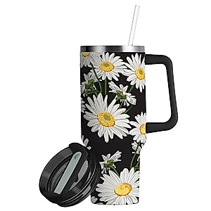pnyoin White Daisy Insulated Tumblers With Handle And Straw 30 oz Stainless Steel Tumbler Cups With Lid Leakproof BPA-Free Water Bottle,Cup Holder Compatible for Travel