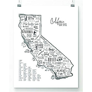 Surf California Map - Beach Wall Decor - 16 x 20 Inch Art Poster of California Surf Breaks - Unique Wall Art for Coastal, Ocean, Nautical & Surfboard Themed Decor - Poster Frame NOT Included