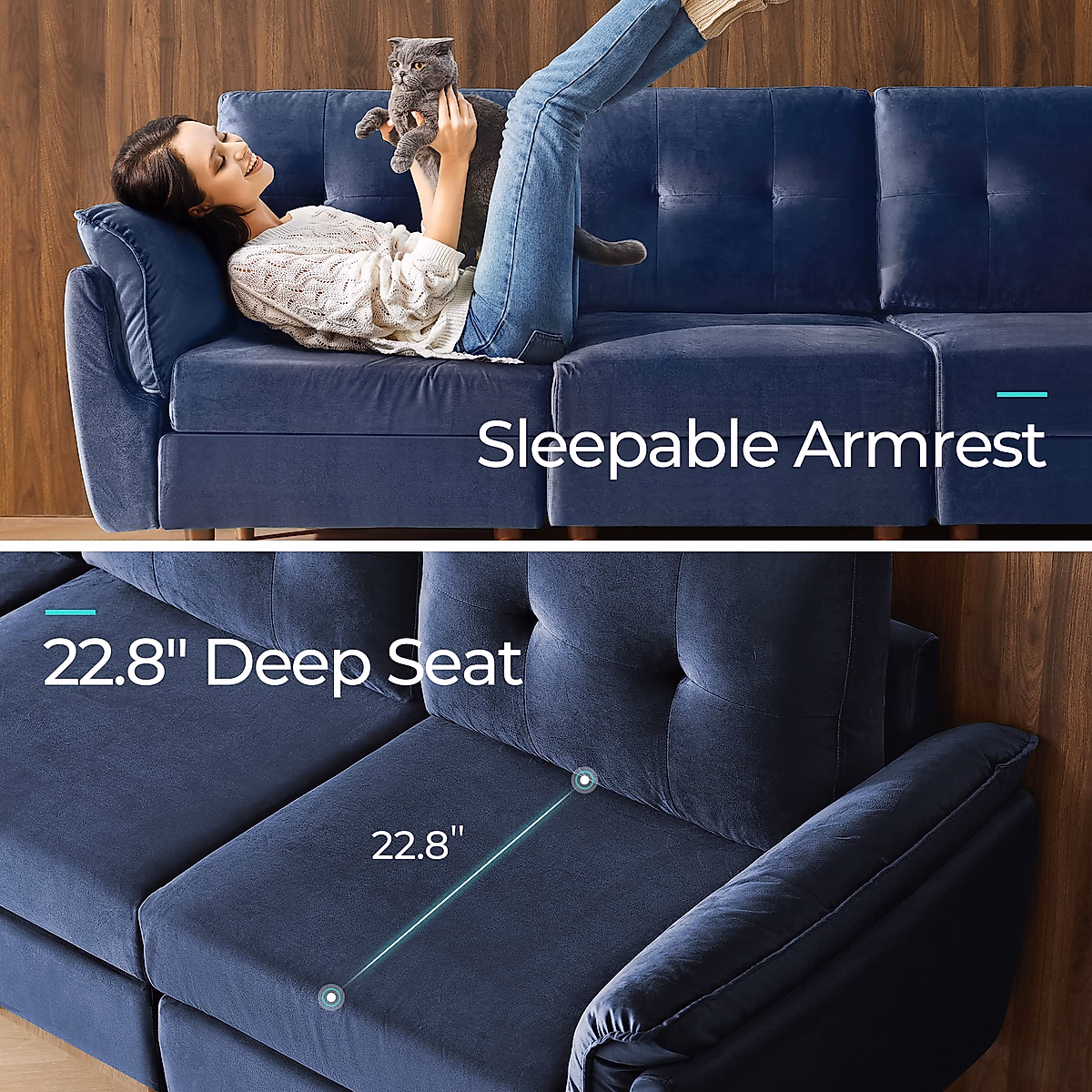 LINSY HOME Modular Sectional Sofa, Velvet Sectional Sofa Couch with Memory Foam, L Shape 5 Seat Modular Sectionals with Ottomans, Sleeper Sofa Couches with Chaise for Living Room, Blue