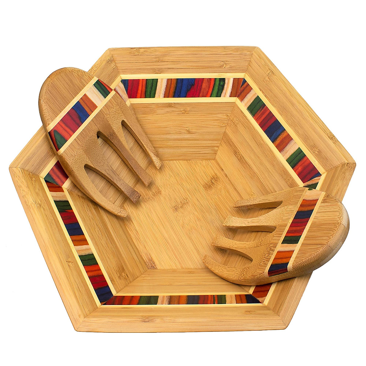 Baltique Marrakesh Collection 14" Salad Serving Bowl with Salad Hands, Bamboo and Colored Birch Wood