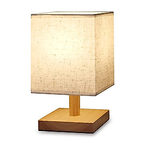 ACHUAI Small Table Lamp-Wooden Bedside Lamp Simple Bedroom Lamp Linen Shade Mini Desk Lamp Night Light Nightstand Lamp for Bedroom,Living Room,Kids Room (Including LED Bulbs) (Square)