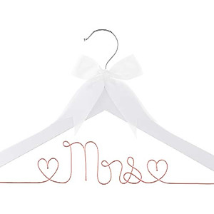 Ella Celebration Mrs Wedding Dress Hanger, Wood and Wire Hangers for Bride to be Gown (White with Rose Gold Wire)