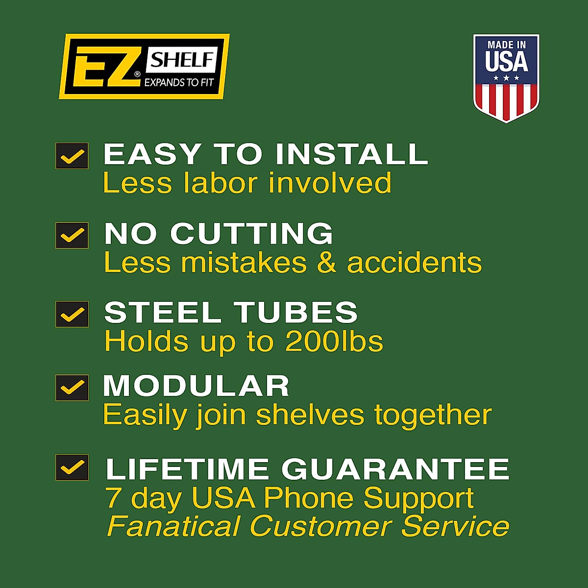 EZ Shelf - DIY Expandable Closet Shelf (NO Hanging Rod) - 40.5” to 73” - White - Easy to Install to 2 Sidewalls -(EZS-SW72)- Wire Closet Shelving Alternative