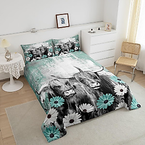 Highland Cow Bedding Comforter Sets Cowboys Gift for Men Boys, Bull Cattle Wildlife Bedding Set Western Farmhouse Comforter Set, Daisy Rustic Flowers Quilt Teal Graffiti Ombre Art Duvet Insert Queen