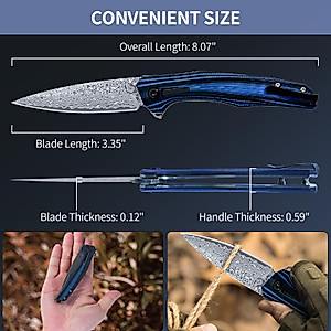 bunnyedge Pocket Knife for EDC, Folding Knife with 3.95” Reverse Damascus Blade, G10 Handle, Ideal Gift for Men Women, for Camping, Fishing, Hiking & EDC ON THE GO - YFA047 - BLUE TREE