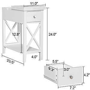 ChooChoo End Table, MDF Material Flip Top Narrow End Table with Drawer, Accent Small Side Table Nightstand for Living Room, Bedroom, and Small Spaces - White