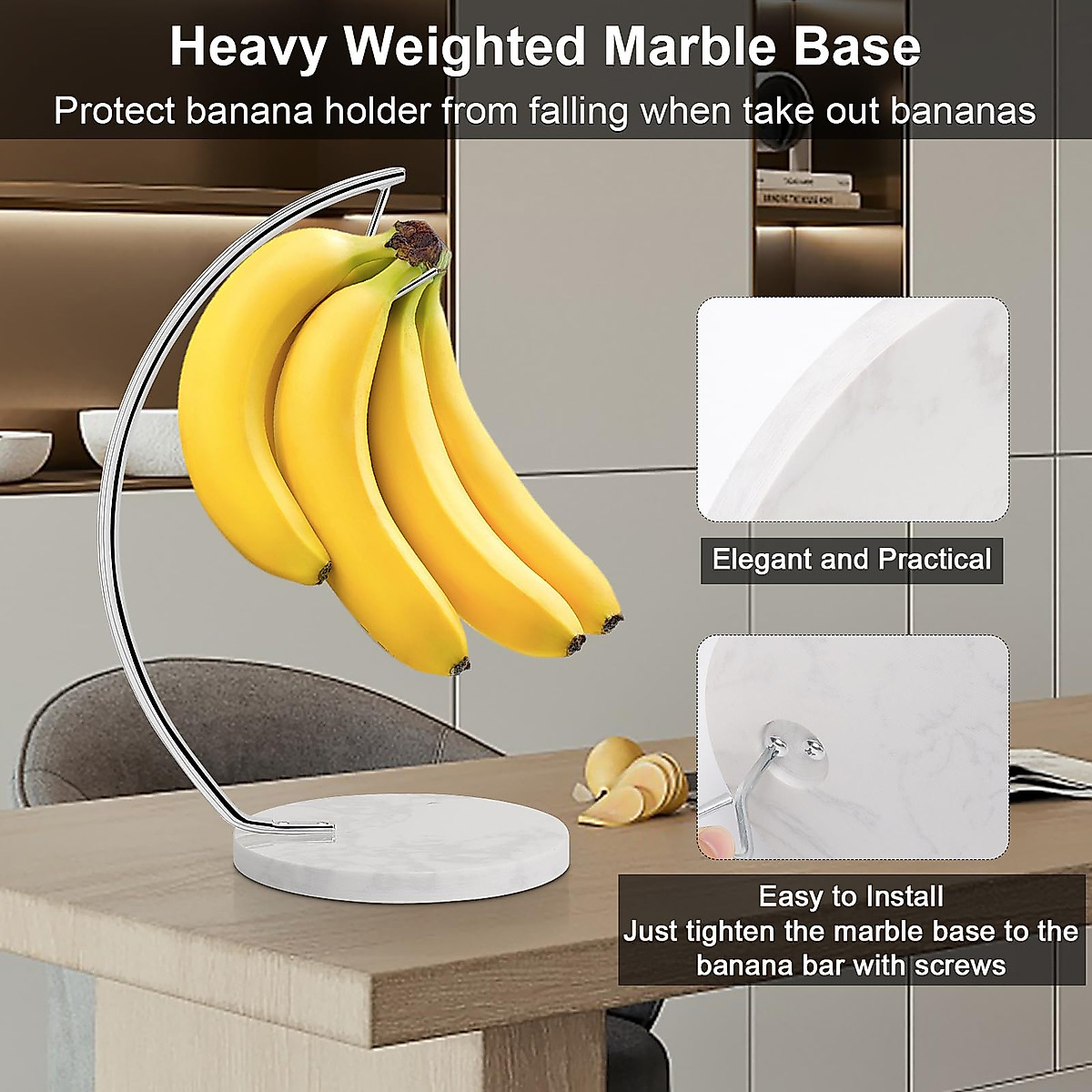 Livabber Banana Holder with Marble Base, Metal Banana Hanger Modern Tree Stand with Hook, Stylish Banana Keeper Fresh Fruit Storage Organizer Freestanding for Kitchen Countertop (Chrome, Single Hook)