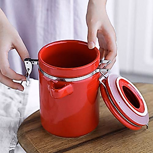 Porcelain Coffee Sealed Canister with Valve Blocks Tea Cans Powder Candy Beans Jars Food Container Spice Storage Bottle with Lid Spoon (Red, 35oz)
