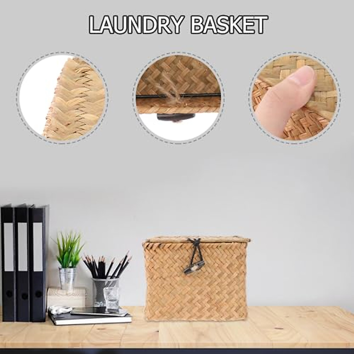 IMIKEYA Seaweed Baskets with Lids: Woven Baskets Seagrass Storage Woven Basket Straw Rattan Storage Basket Hand-Woven Storage Basket Bin Container Organizer for Shelf Desktop 4 inch