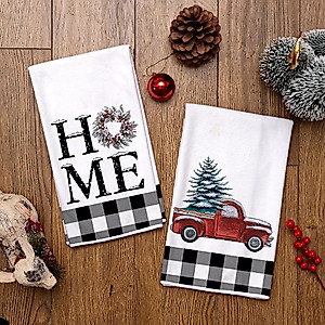 ARKENY Christmas Dish Towels for Christmas Decor Black Buffalo Plaid Kitchen Towels 18x26 Inch Xmas Wreath Snow Washcloths Seasonal Noel Red Truck Home Hand Towel for Cooking Set of 2