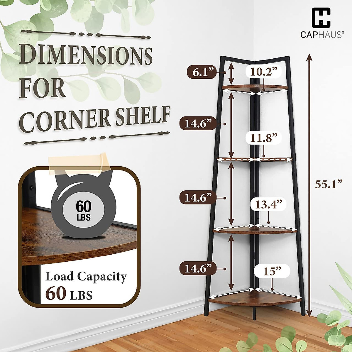 CAPHAUS Tall Corner Shelf Stand, 4-Tier Display Shelves, Ladder Corner Wood Storage Plant Bookshelf with Metal Frame, Versatile Shelving Unit Bookcase for Home Office Space, Rustic Oak