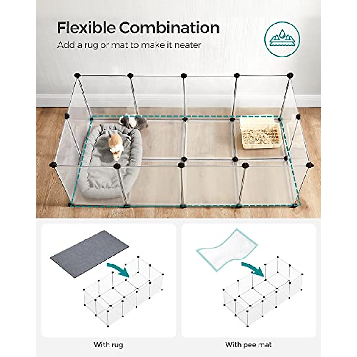 SONGMICS Pet Playpen with Floor, Small Animal Pen, Pet Fence Indoor, DIY Plastic Enclosure for Hamsters, Rabbits, Hedgehogs, Ferrets, 56.3 x 28.7 x 18.1 Inches, White ULPC02W