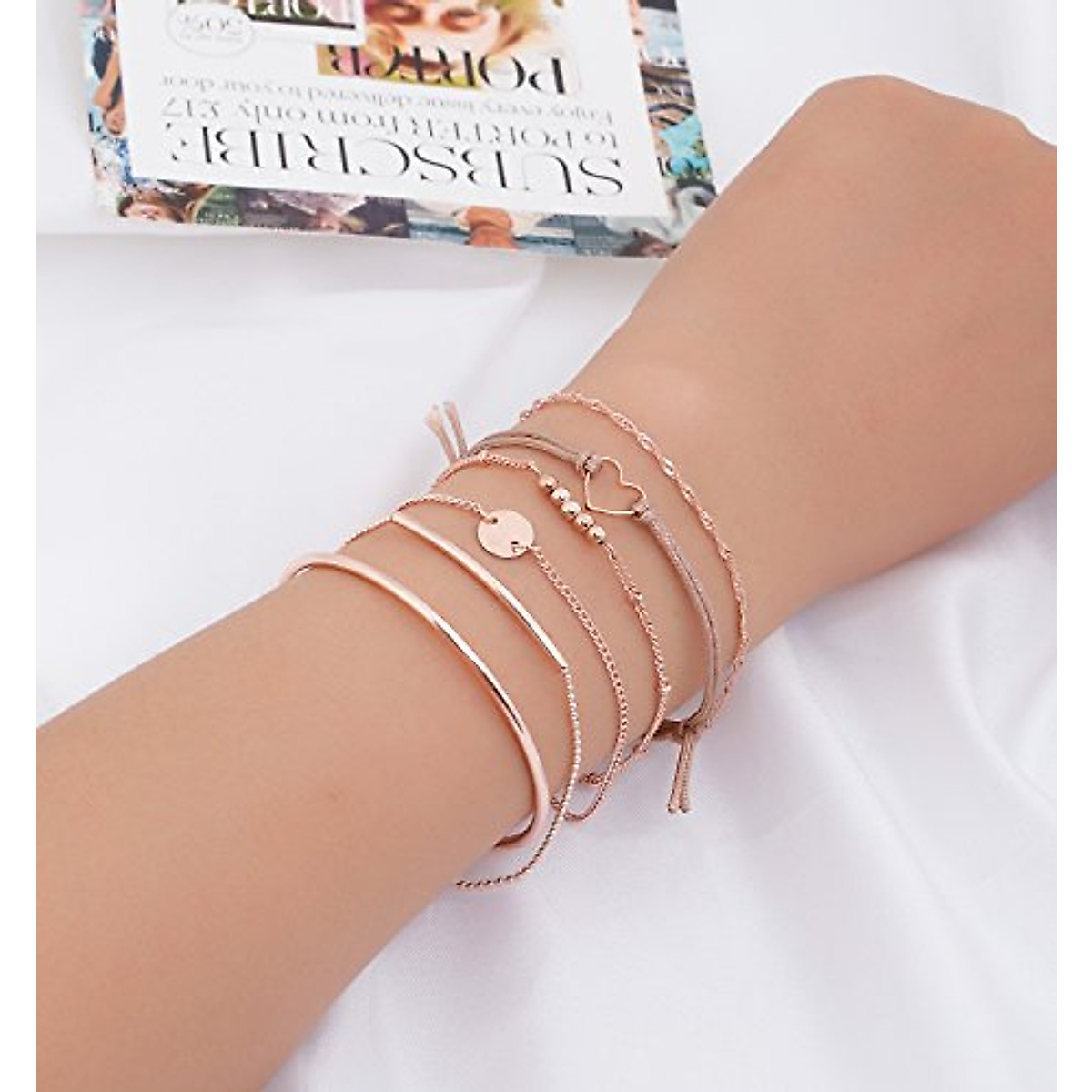 XOCARTIGE Layered Bracelet Set Assorted Beaded Bracelet Multiple Stackable Wrap Bangle Jewelry Adjustable (Rose Gold)