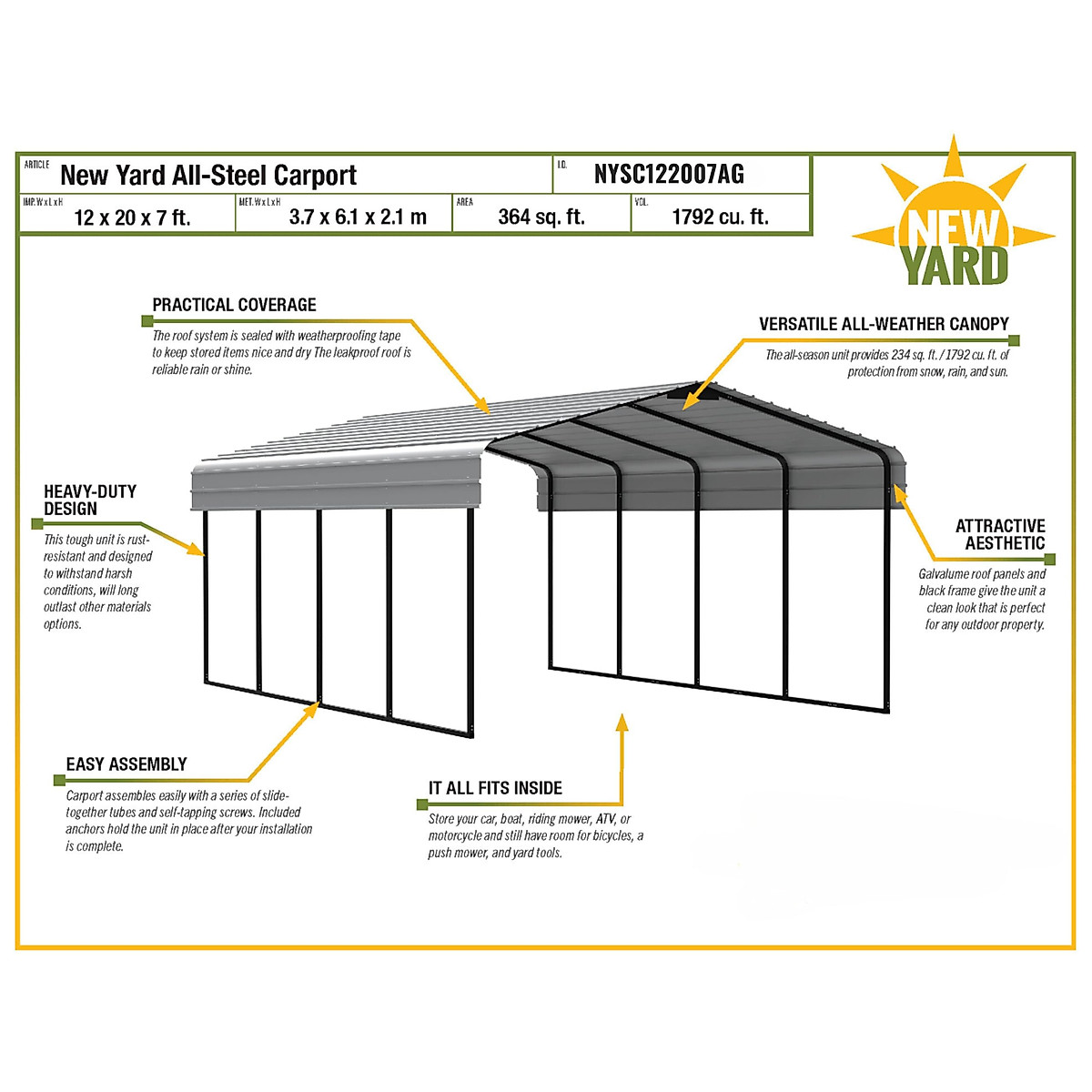 New Yard 12 x 20 x 7 ft Heavy Duty All Steel Carport – All-Weather Steel Canopy Shelter and Steel Frame for Cars, Trucks, Boats, and Outdoor Equipment
