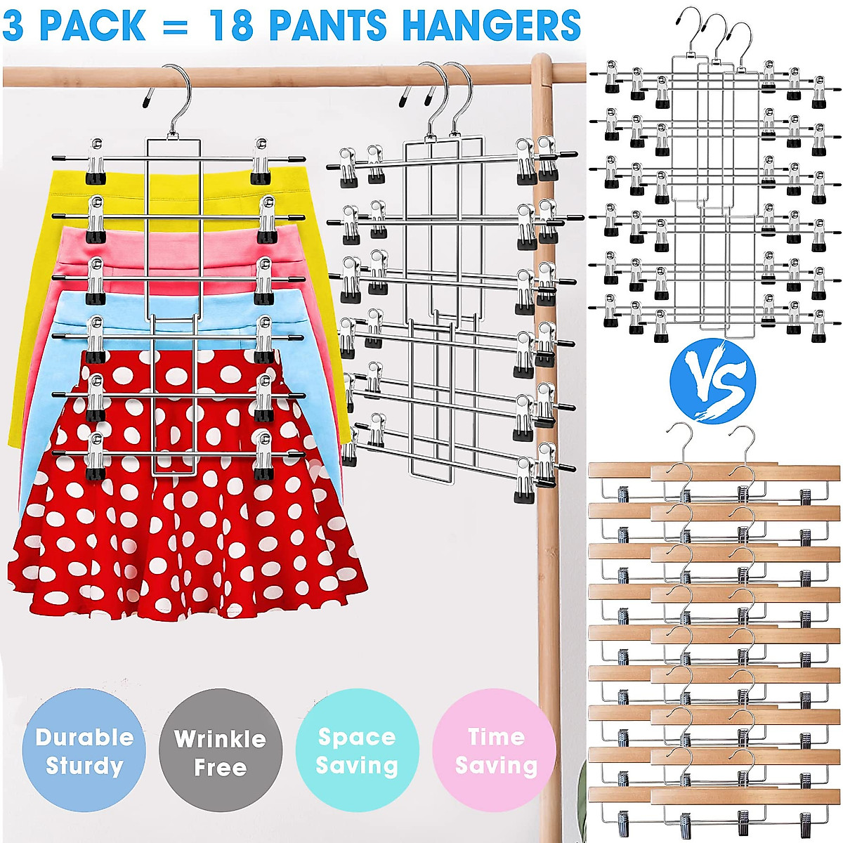 3 Pack Closet-Organizer-Pants-Hangers-Space-Saving,Metal Closet-Organizers-and-Storage,6 Tier Organization and Storage Short Skirt Hangers Cilp,Dorm Room Essentials for College Students Girls Boys Guy