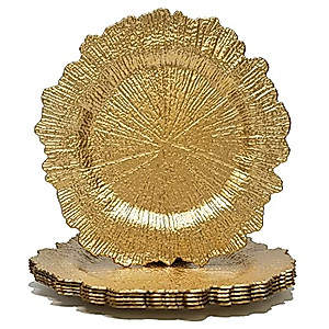 Umisriro Gold Charger Plates,13 Inch Metallic Reef Plastic Chargers for Dinner Plate, Decorative Chargers for Wedding,Elegant Parties, Banquets and Table Decor(Set Of 6)