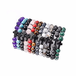 SAMOCO 12Pcs Healing Stone Beaded Bracelets for Women Men Semi-Precious Gemstones Bracelets Crystal Cross Beaded Bracelet Unisex Adjustable Stretch Bracelets 8MM