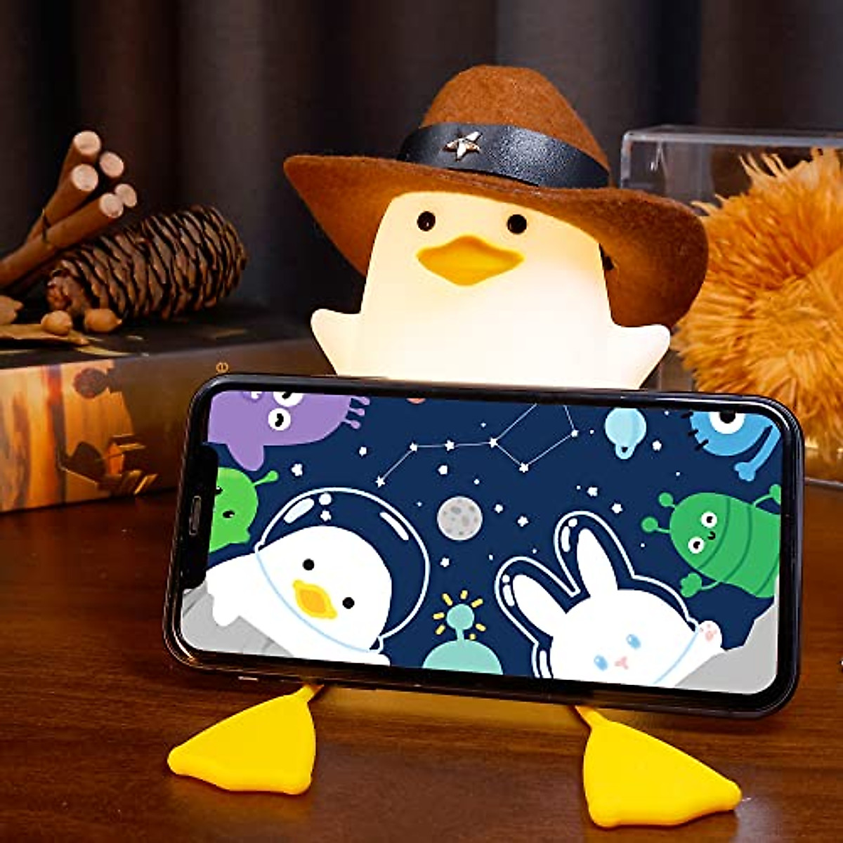 Hinittey Cute Cowboy Duck Lamp, Silicone Duck Light with Cowboy Hat & Mini Camera & USB Rechargeable & Touch Control Dimmable & Timer for Nursery, Birthday Xmas Baptism Gifts for Babys Girls Boys