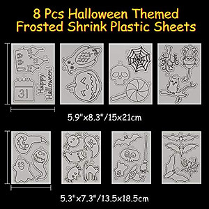 Auihiay 145 Pieces Halloween Heat Shrink Plastic Sheet Kit Include 8 Shrink Paper with Halloween Patterns, 4 Blank Shrink Film Papers, Hole Punch, Keychains, Pencils for Kids DIY Creative Craft