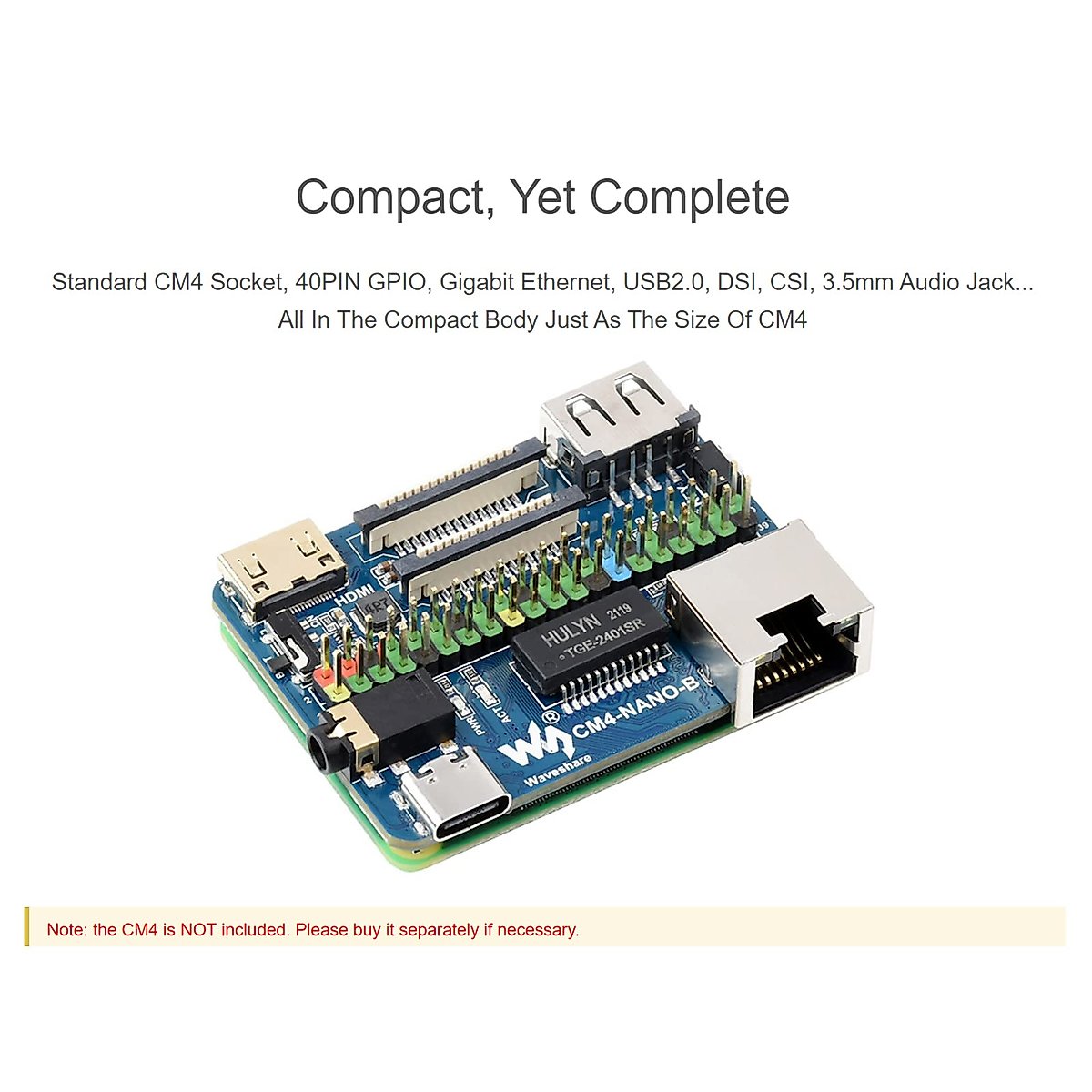 Nano Base Board (B) for Raspberry Pi Compute Module 4, Same Size as CM4, with Standard CM4 Socket, Raspberry Pi 40PIN GPIO, Gigabit Ethernet, USB2.0, DSI, CSI, HDMI, 3.5mm Audio Jack etc.