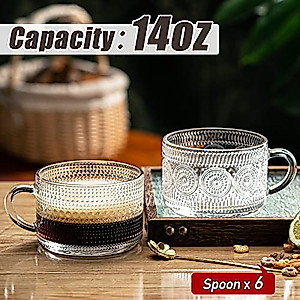 wookgreat Vintage Coffee Mugs Set of 6, 14 oz Glass Coffee Tea Cups with Handle, Clear Embossed Glassware with 6 Spoons, Glass Mugs, Glass Coffee Cups for Cappuccino, Latte, Cereal, Yogurt, Milk