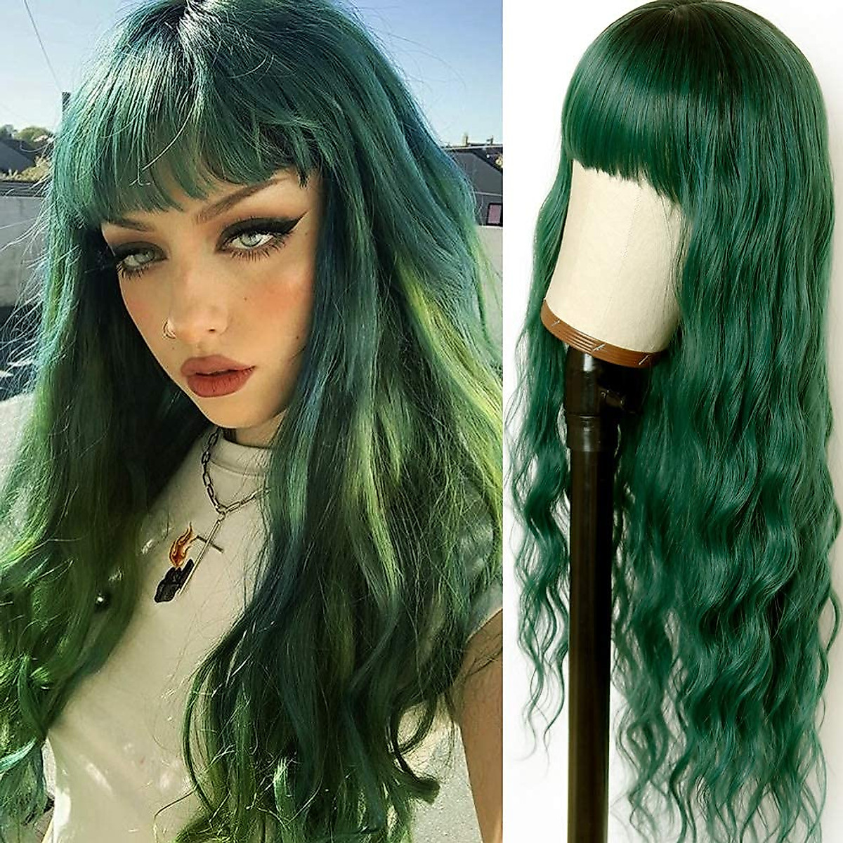 Sallcks Womens Long Curly Wavy Green Wig with Bangs Halloween Cosplay Costume Full Wigs Synthetic Fiber Green Hair Wigs with Wig Cap