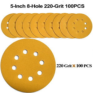 Aiyard 5-Inch 8-Hole Hook and Loop Sanding Discs 220-Grit Random Orbit Sandpaper, 100-Pack