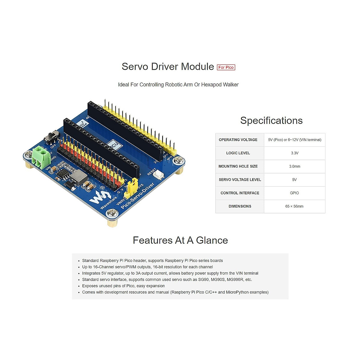TOP1 Waveshare Raspberry Pi Pico Servo Drive Expansion Board Support 16 Channels 16-bit Resolution Standard Servo Interface 5V Voltage Regulator Chip