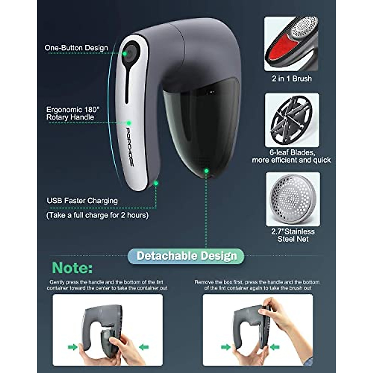 POPCHOSE Fabric Shaver, Rechargeable Lint Remover with 6-Blades and Electrostatic Brush, Effectively and Quickly Remove Fuzz for Clothes, Sweater, Couch, Blanket, Curtain, Wool, Cashmere
