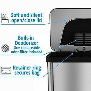 iTouchless AutoStep 13 Gallon Automatic Step Sensor Trash Can with AbsorbX Odor Control System and AC Adapter, Stainless Steel Kitchen Pedal Touchless Garbage Bin (Battery-Free Operation)